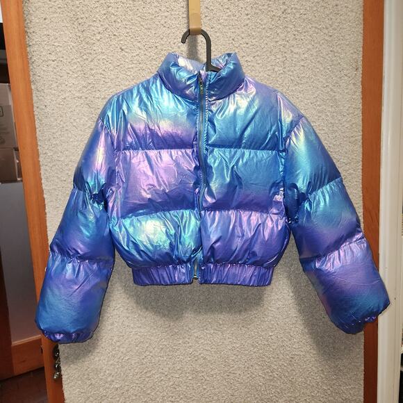 SHEIN | Jackets & Coats | Shein Girls Metalic Blue Cropped Puffer Coat ...